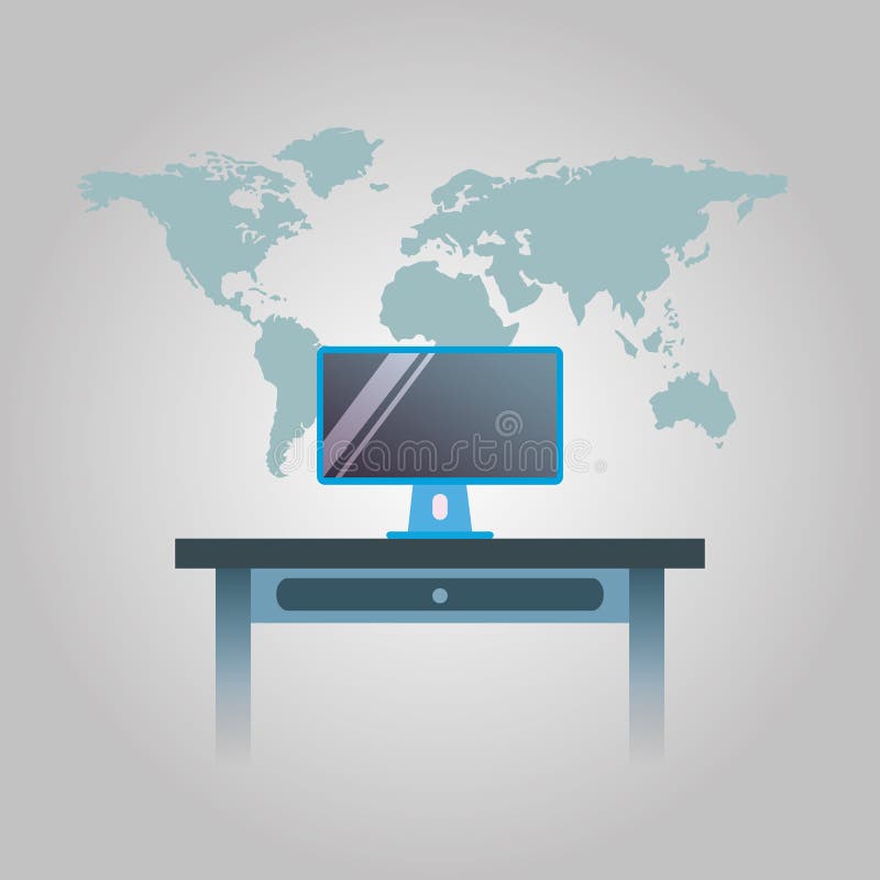 Office Workplace with Computer. World Map on Wall, Vector Illustration ...