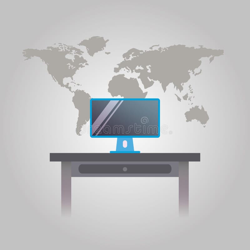 Office Workplace with Computer. World Map on Wall, Vector Illustration ...