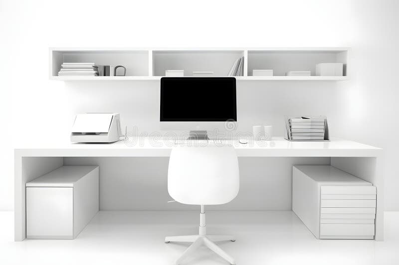Office Workplace Desk in Front of Empty Chair Isolated on White ...
