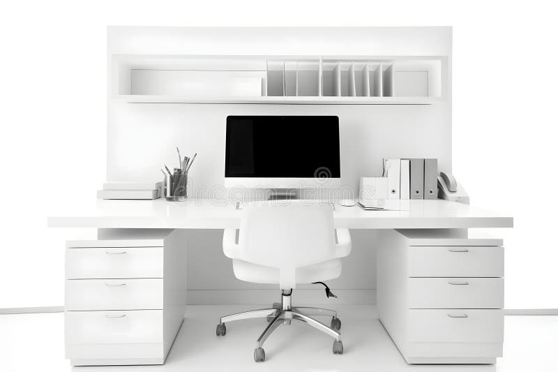 Office Workplace Desk in Front of Empty Chair on White Background ...