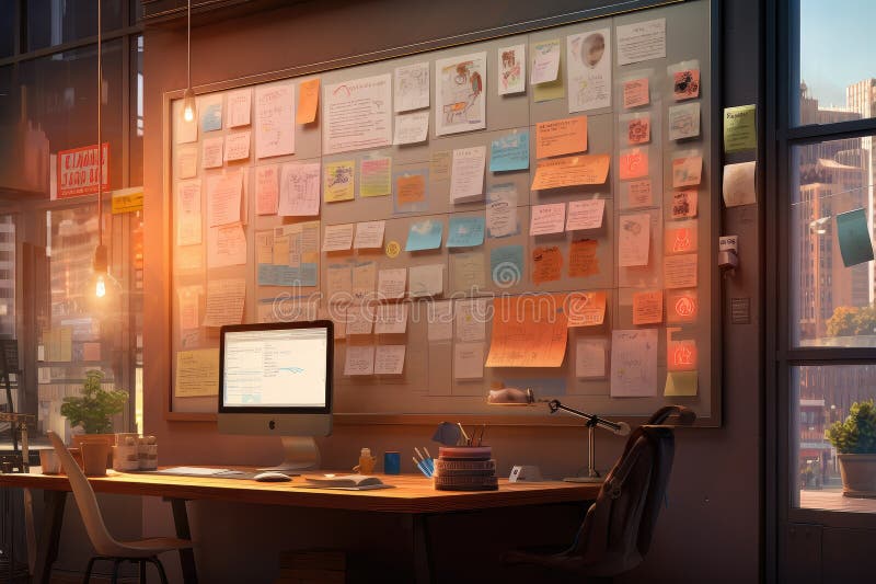 Office Workplace with Desktop Computer and Sticky Notes on the Wall in ...