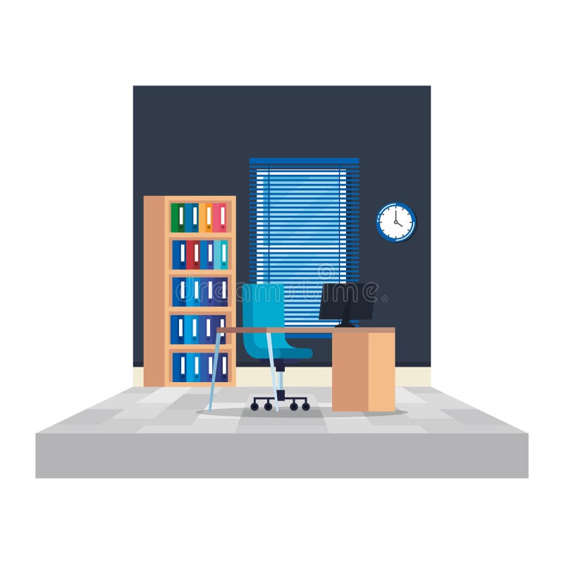 Office Workplace with Desktop and Library Stock Illustration ...