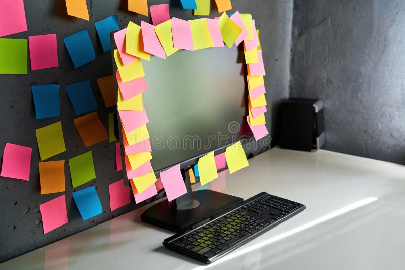 Office Workplace with Desktop Pc Full of Blank Colorful Sticky Notes ...