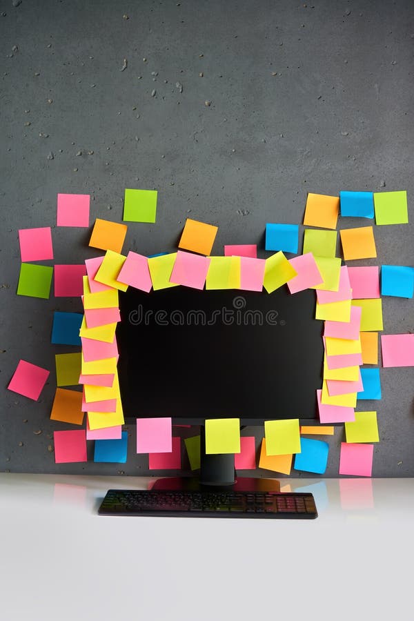 Office Workplace with Desktop Pc Full of Blank Colorful Sticky Notes ...