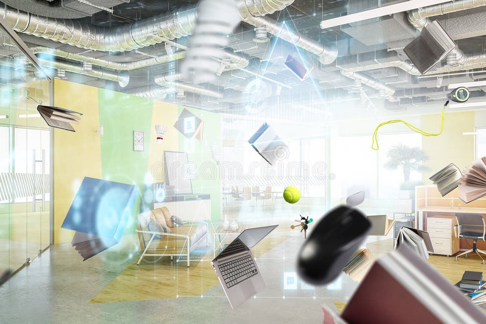 Office Workplace with Flying Objects Stock Image - Image of information ...