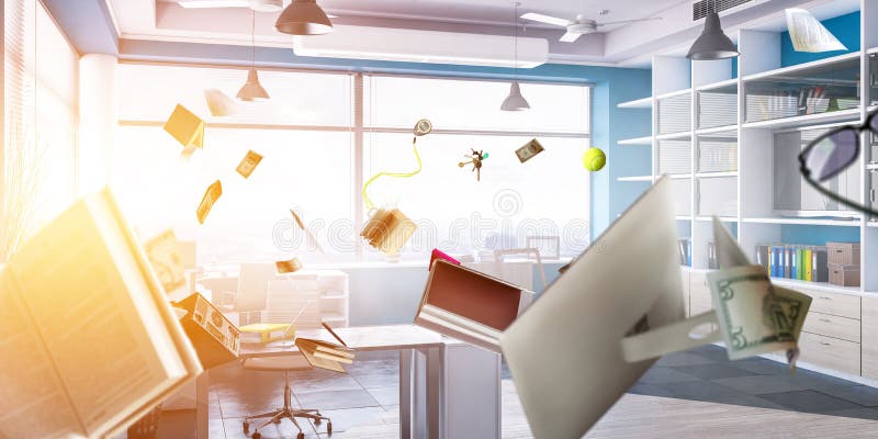 Office Workplace with Flying Objects Stock Photo - Image of cabinet ...