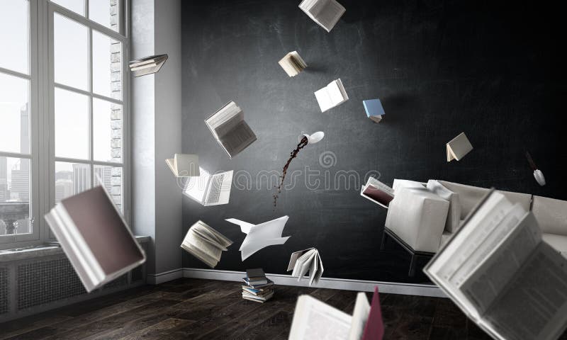 Office Workplace with Flying Objects Stock Photo - Image of workplace ...