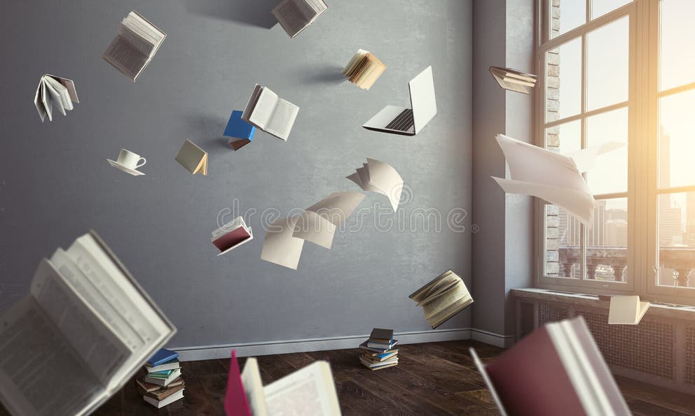 Office Workplace with Flying Objects Stock Photo - Image of stationary ...