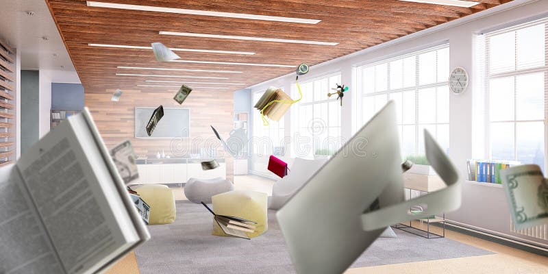 Office Workplace with Flying Objects Stock Image - Image of desk ...