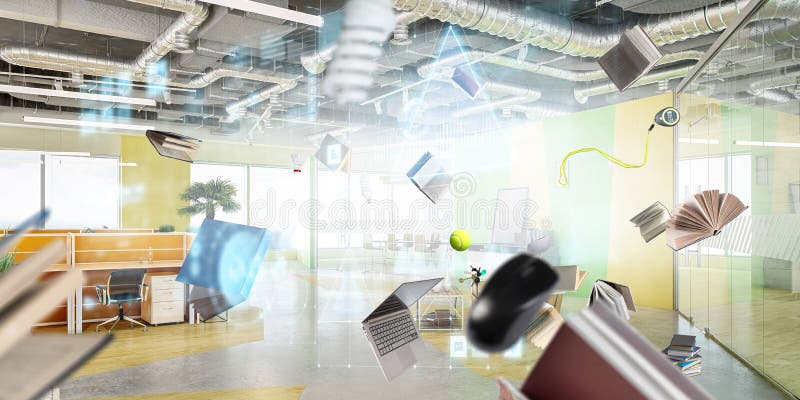 Office Workplace with Flying Objects Stock Photo - Image of workplace ...