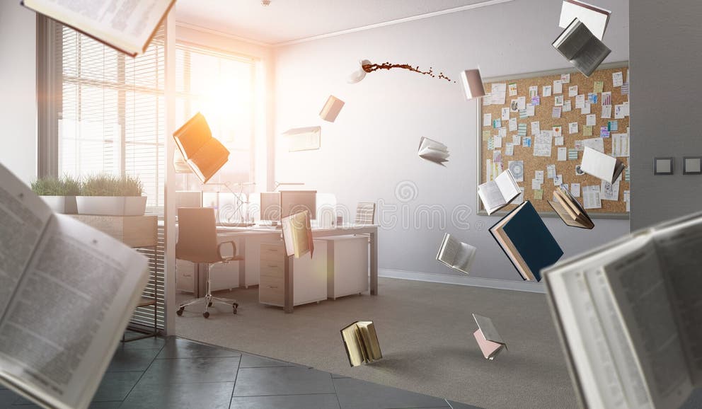 Office Workplace with Flying Objects Stock Image - Image of modern ...