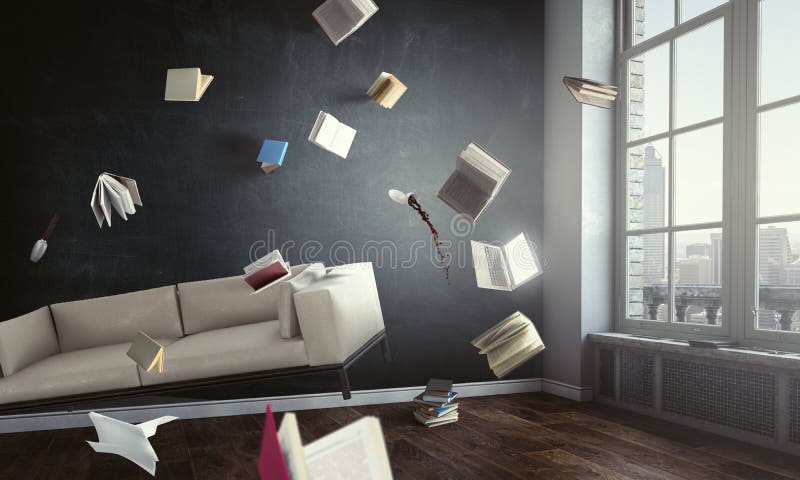 Office Workplace with Flying Objects Stock Photo - Image of business ...