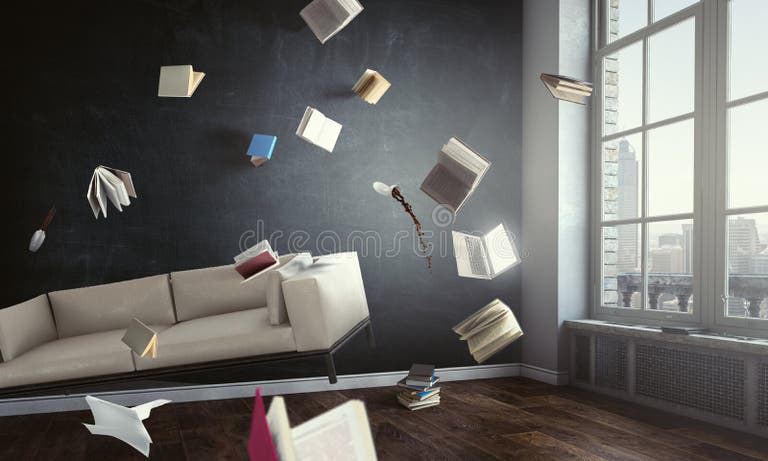 Office Workplace with Flying Objects Stock Photo - Image of business ...