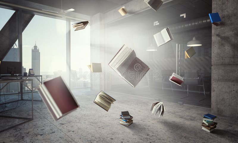 Office Workplace with Flying Objects Stock Illustration - Illustration ...