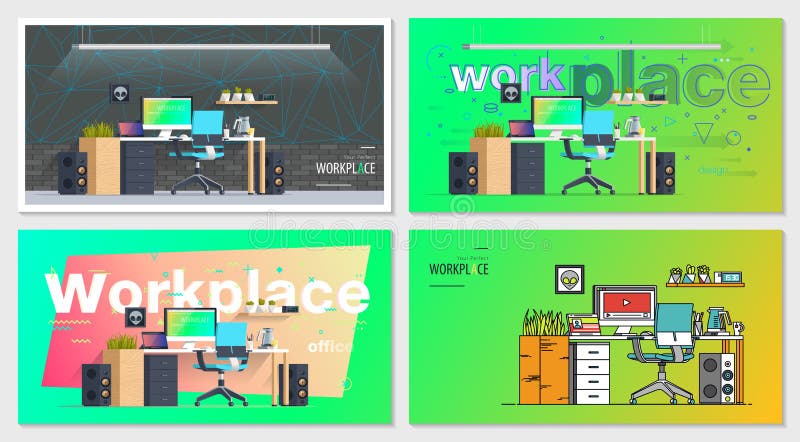 Office Workplace Interior Design Stock Vector - Illustration of flat ...