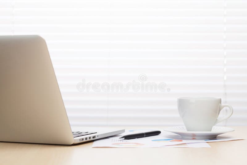 Office Workplace with Pc, Charts, Phone and Coffee Stock Image - Image ...