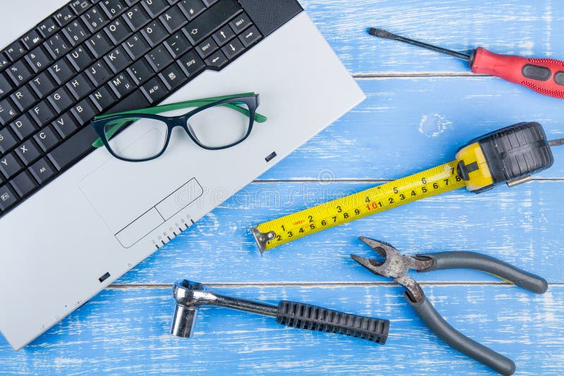 Office Workplace, Laptop Computer, Glasses and Construction Hard Stock ...