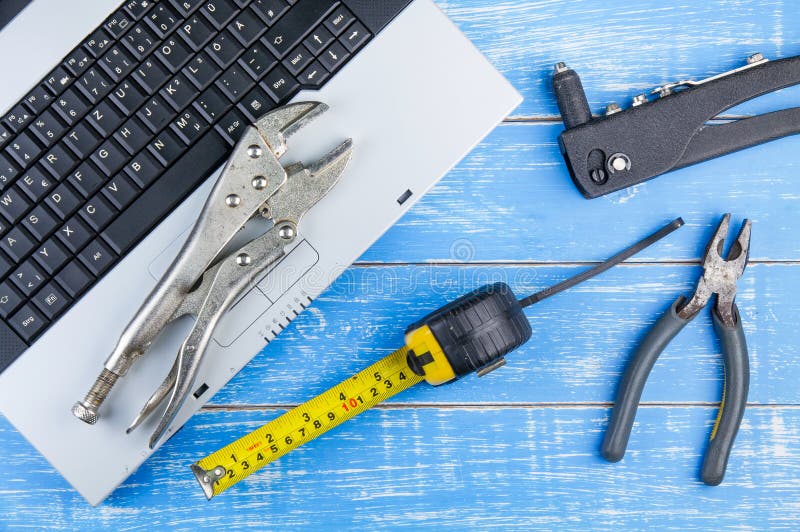 Office Workplace, Laptop Computer, Glasses and Construction Hard Stock ...