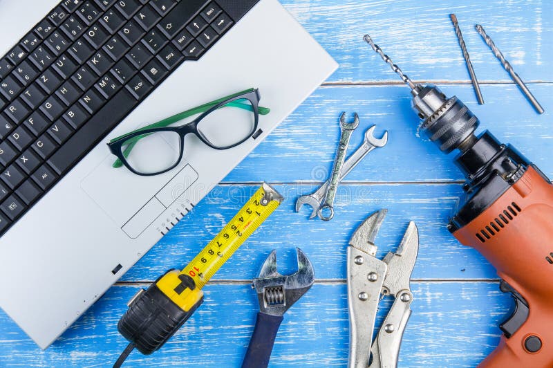 Office Workplace, Laptop Computer, Glasses and Construction Hard Stock ...