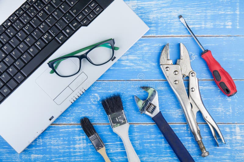 Office Workplace, Laptop Computer, Glasses and Construction Hard Stock ...