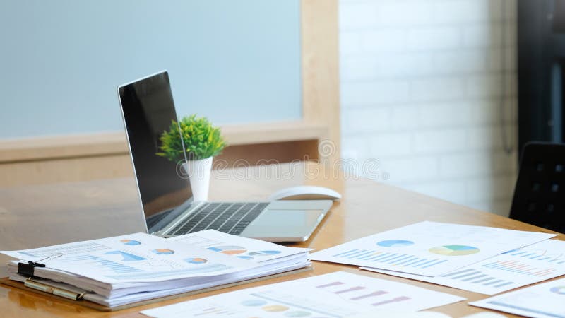 Office Workplace with Laptop and Finance Paper Stock Image - Image of ...