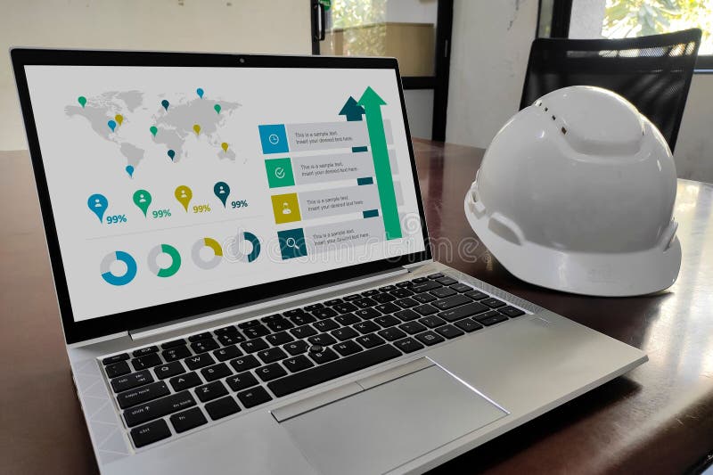 Office Workplace with a Laptop, Notes, and a Hard Hat on a Conference ...