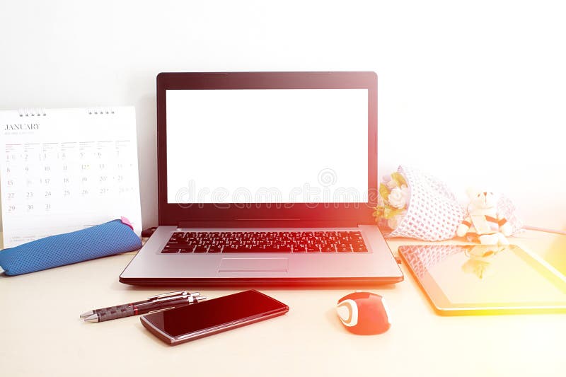 Office Workplace with Laptop PC and Smart Phone on Wood Table Stock ...