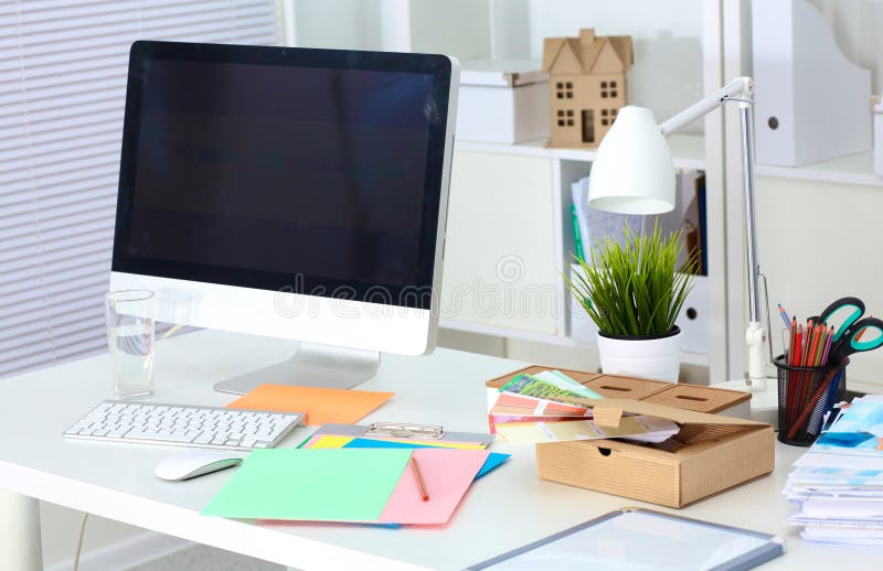 Office Workplace with Laptop and Smart Phone on Wood Table Stock Photo ...