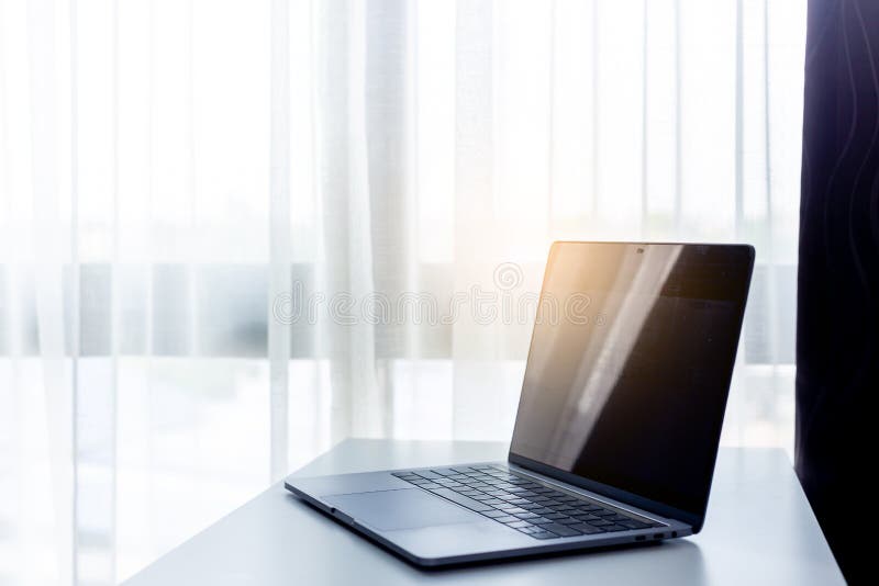 Office Workplace with Laptop on White Table , White Office Desk Stock ...
