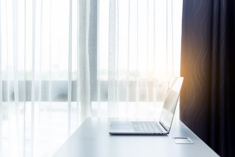 Office Workplace with Laptop on White Table , White Office Desk Stock ...