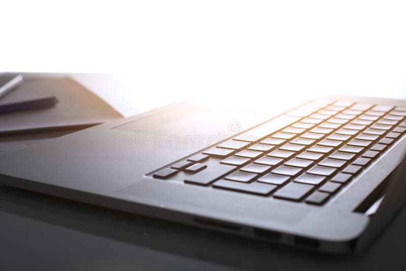 Office Workplace with Laptop on Wood Table Stock Photo - Image of paper ...