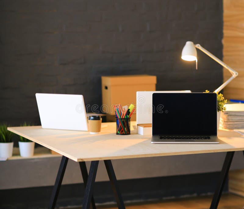 Office Workplace with Laptop and on Wood Table Stock Image - Image of ...