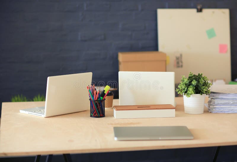 Office Workplace with Laptop and on Wood Table. Stock Photo - Image of ...