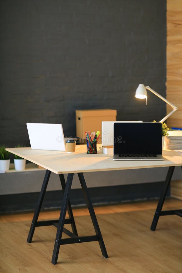 Office Workplace with Laptop and on Wood Table Stock Photo - Image of ...