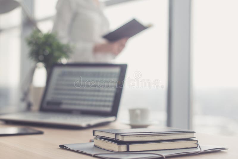 Office Workplace with Laptop and on Wood Table. Stock Image - Image of ...