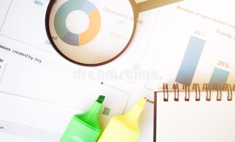 Office Workplace with Magnifying Glass, Colored Markers, Notebook and ...