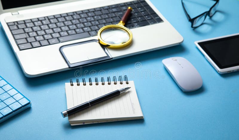 Office Workplace. Notepad, Pen, Laptop Computer, Mouse Stock Photo ...