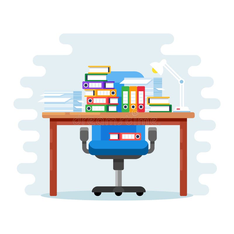Office Workplace with Pile of Paper Documents and File Folders. Stock ...