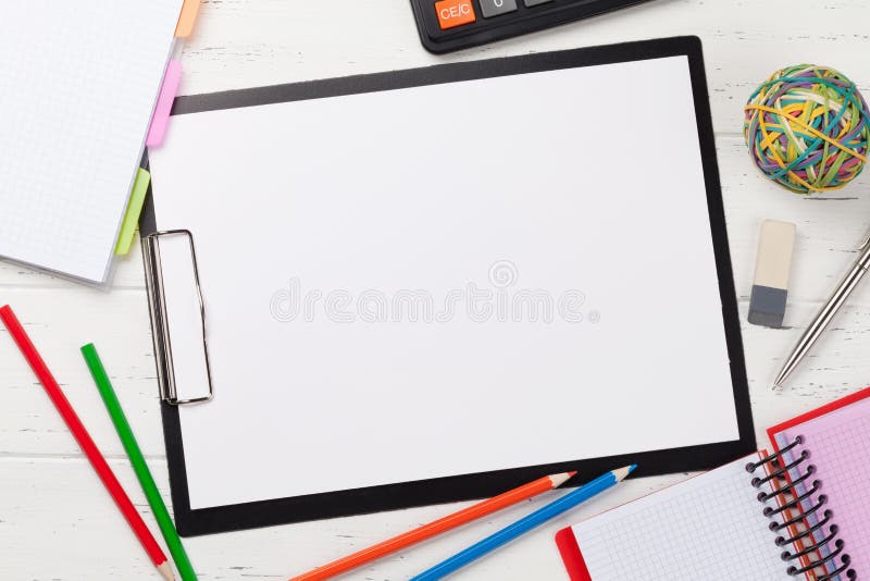 Office Workplace Table with Blank A4 Page Stock Photo - Image of goals ...