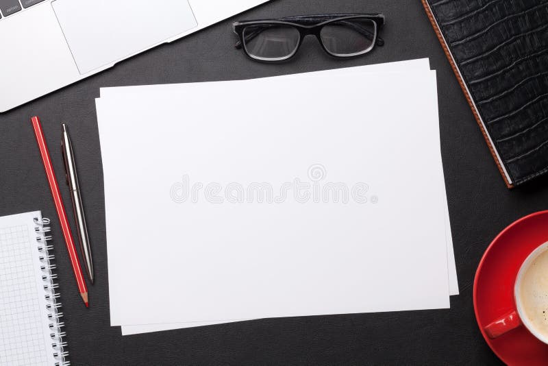 Office Workplace Table with Blank Paper Page Stock Photo - Image of ...