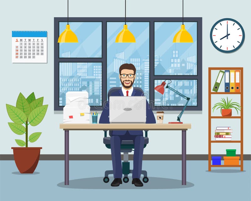 Office Workplace with Table, Bookcase, Window. Stock Vector ...