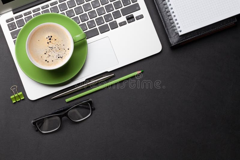 Office Workplace Table with Coffee, Supplies and Computer Stock Photo ...