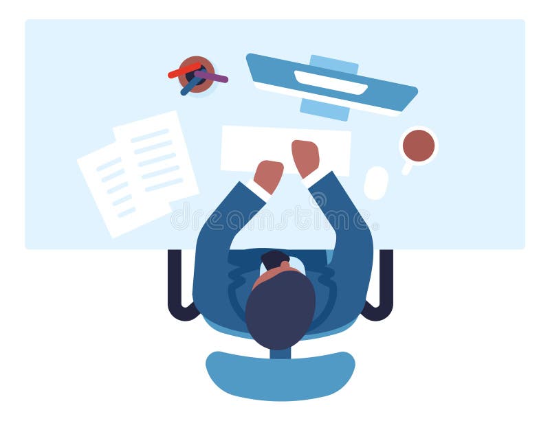 Office Workplace Top View. Man Working with Computer. Employee Sitting ...