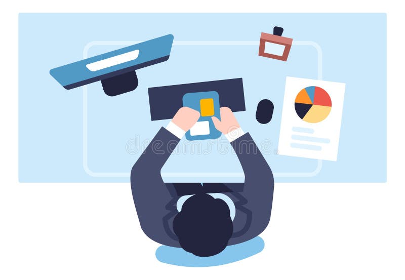 Office Workplace Top View. Man Working with Computer. Employee Sitting ...