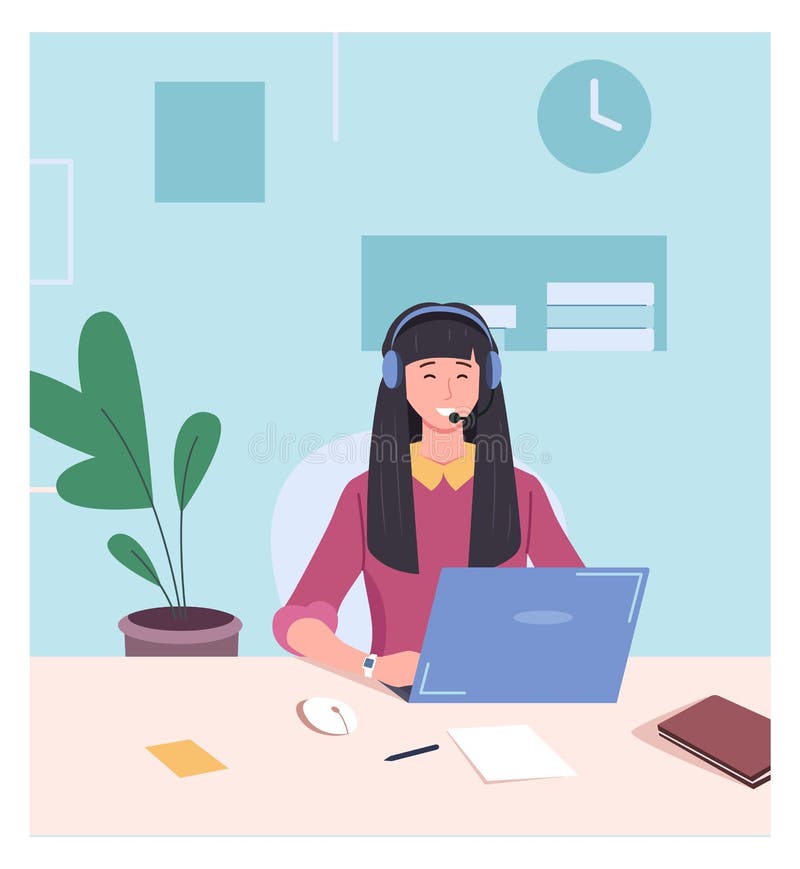 Office Workplace with Woman Working in Headset. Client Support Worker ...