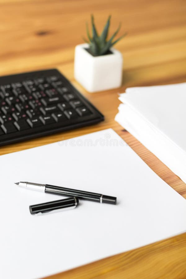Office Workplace on Wood Table. Vertical Image Stock Image - Image of ...