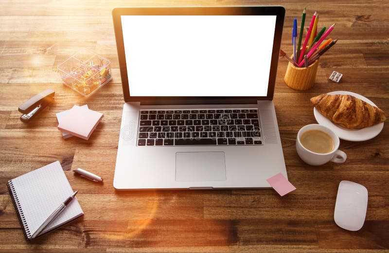 Office Workplace with Wooden Desk. Stock Image - Image of desktop ...