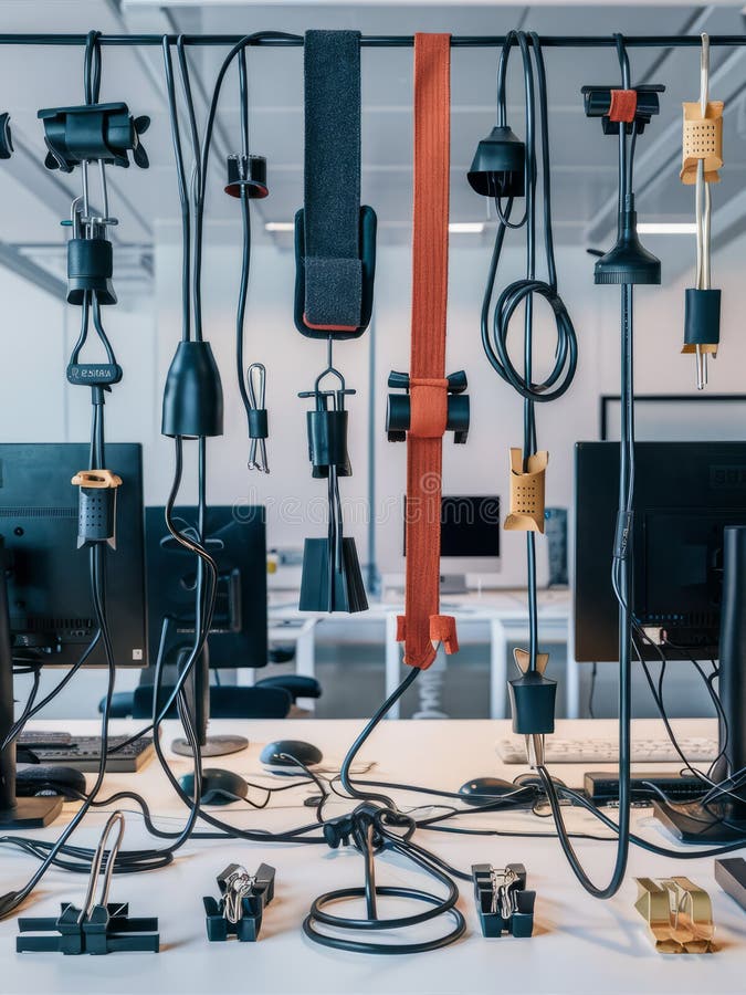 Office Workspace with Comprehensive Cable Management Stock Illustration ...