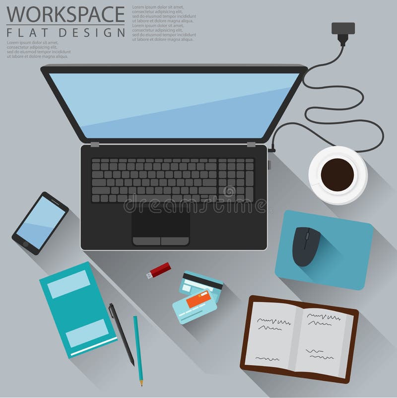 Office Workspace Computer Top View Flat Design Stock Vector ...