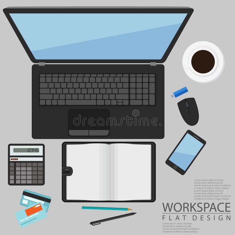 Office Workspace Computer Top View Flat Design Stock Vector ...